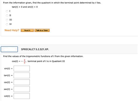 Solved From The Information Given Find The Quadrant In Chegg