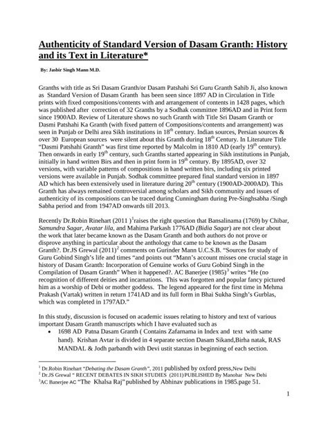 Pdf Authenticity Of Standard Version Of Dasam Granth History And Its Dokumen Tips