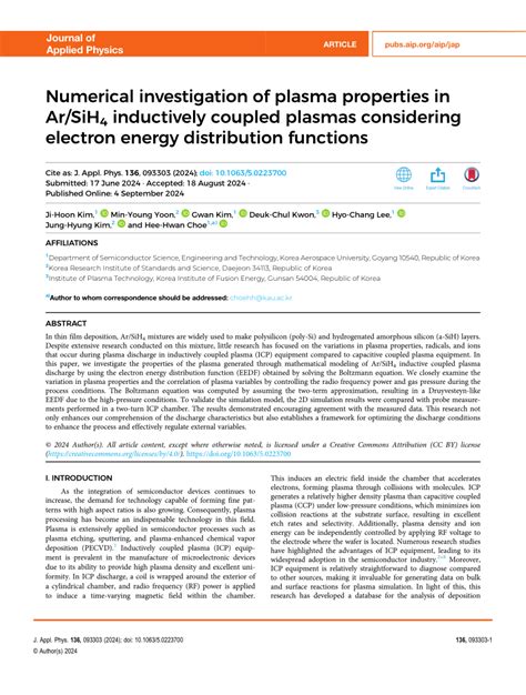 Pdf Numerical Investigation Of Plasma Properties In Arsih4
