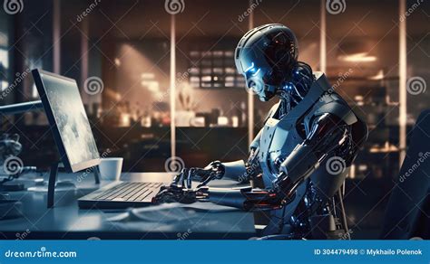robot working with modern computer neural network ai generated stock