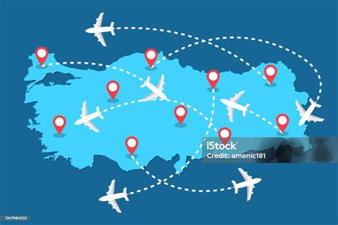 터키 지도 관광 및 여행 컨셉 일러스트레이션을 통해 비행하는 비행기 노선 지도 핀 아이콘에 대한 스톡 벡터 아트 및 기타 이미지 지도 핀 아이콘 터키 지도 Istock