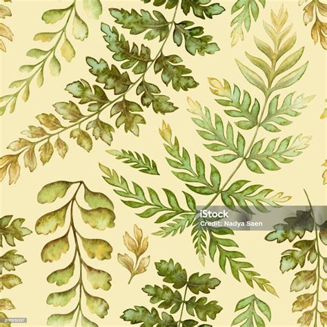 고사리는 노란색 배경에 완벽 한 패턴을 나뭇니다 손으로 그린 수채화 식물 표면과 질감이 있는 선사 시대 단풍 생태 소재와 지속 가능한 디자인의 사용에 적합합니다 0명에 대한