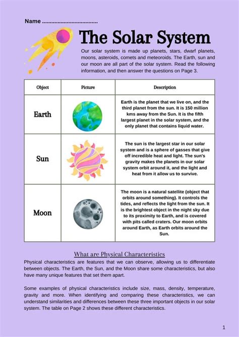 Planet Comparison Worksheet Third Grade