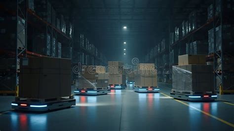 Automated Warehouse With Robotic Pallet Jacks And Stacked Boxes