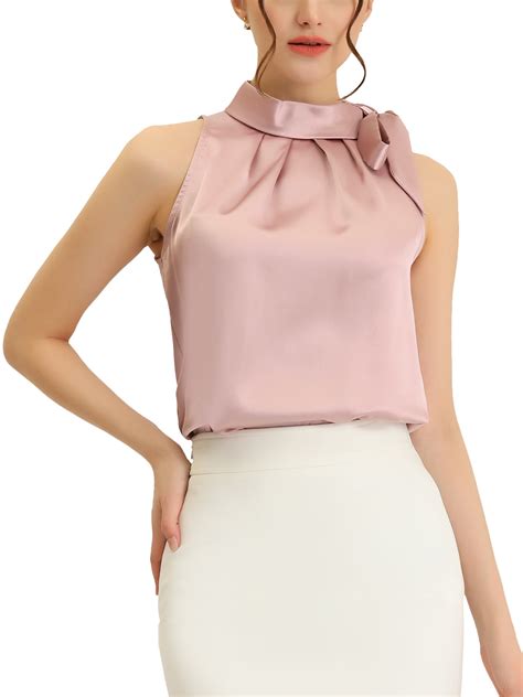 Inspire Chic Womens Elegant Satin Sleeveless Bow Tie Neck Solid Work Blouse Tops S Pink