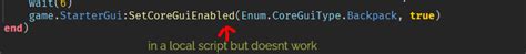 Why Cant I Re Enable The Backpack GUI Scripting Support Developer Forum Roblox