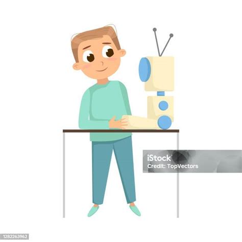 귀여운 소년 만들기 및 프로그래밍 스마트 로봇 프로그래밍 수업 교육 프로젝트 만화 스타일 벡터 일러스트 공부에 대한 스톡 벡터
