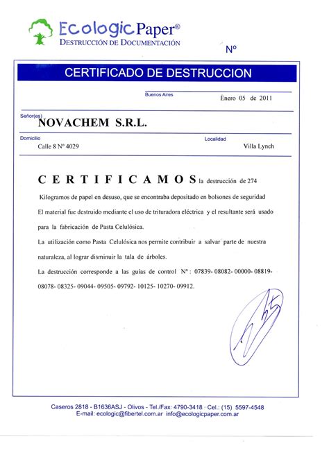 Novachem Especialidades Naturales Certificado Ambiental