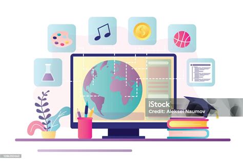 글로벌 세계의 온라인 교육 E러닝 개념 지구 행성으로 모니터링합니다 다양한 교육 아이콘 책 대학원 모자 개념에 대한 스톡 벡터 아트 및 기타 이미지 Istock