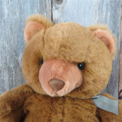 Vintage Large Brown Teddy Bear Plush Bow Flocked Nose Ribbon Etsy