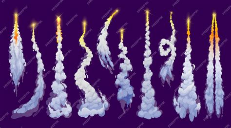 Premium Vector | Cartoon rocket smoke trail missile flight path with fire flame or blast jet ...