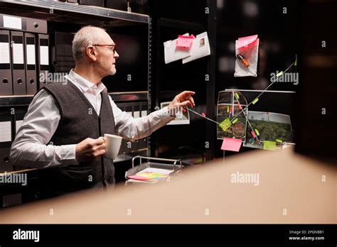 Elderly Private Detective Analyzing Crime Evidence Looking At Investigation Board In Arhive