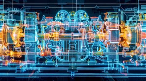 Engine Blueprint A Digital Blueprint Of An Engine With Intricate Details In Blue And Orange Hues