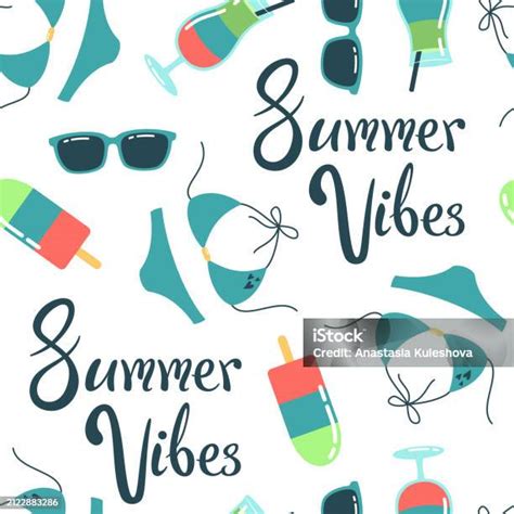 벡터 여름 완벽 한 패턴 와 수영복 선글라스 아이스크림 칵테일 와 Lettering 수영 동작 활동에 대한 스톡 벡터 아트 및 기타 이미지 Istock