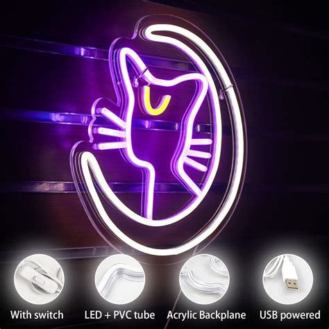 Moon And Cat Neon Sign Led Neon Signs For Wall Decor Cute Neon Light With Usb Powered For