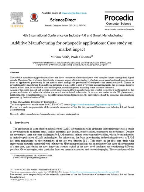 Additive Manufacturing For Orthopedic Applications Ca 2023 Procedia Compute Pdf 3 D
