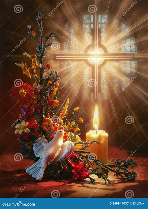 Illustration Of Holy Dove With Stained Glass Cross And Candles Stock