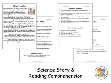 Classification Reading Science Story Comprehension Questions Worksheet Teaching Resources