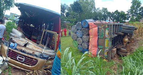 দুই বাসের রেষারেষি ট্রাকের সঙ্গে ত্রিমুখী সংঘর্ষে সড়কে ঝরল একই পরিবারের তিন প্রাণ