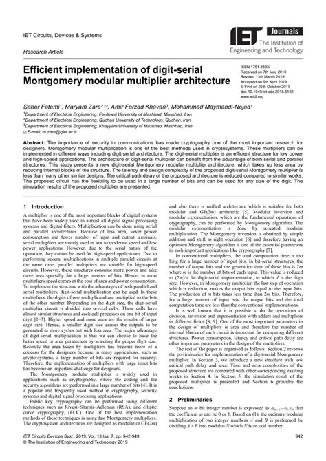 PDF Efficient Implementation Of Digit Serial Montgomery Modular Multiplier Architecture