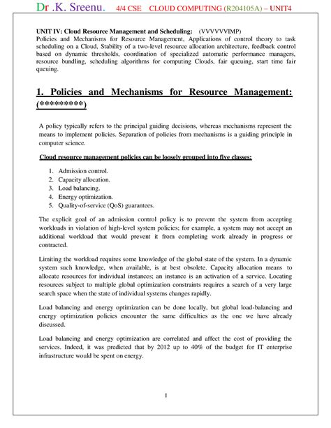 Jntuk 4 1 Cse R20 Cc Unit Iv Dr K Sreenu 44 Cse Cloud Computing R204105a Unit Unit Iv