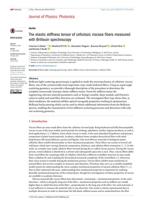 Pdf The Elastic Stiffness Tensor Of Cellulosic Viscose Fibers Measured With Brillouin Spectroscopy