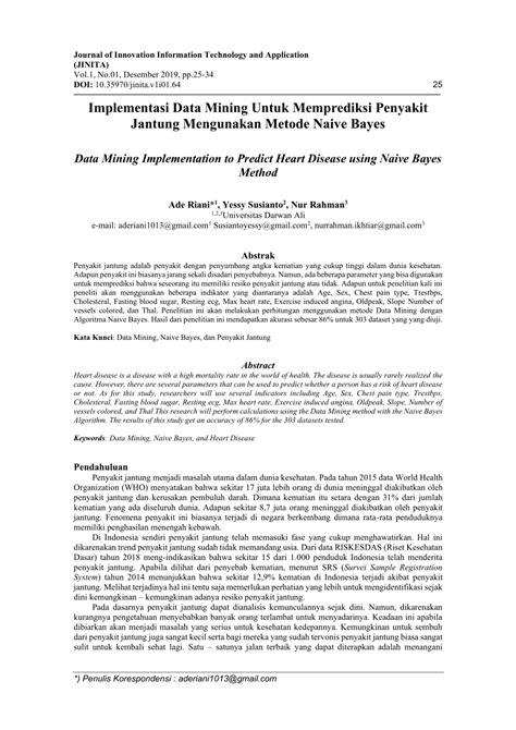 PDF Implementasi Data Mining Untuk Memprediksi Penyakit Jantung Mengunakan Metode Naive Bayes