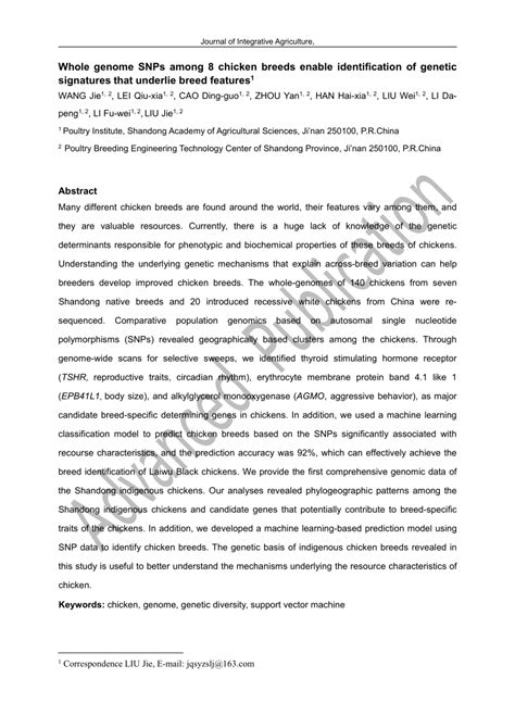 Pdf Whole Genome Snps Among 8 Chicken Breeds Enable Identification Of Genetic Signatures That
