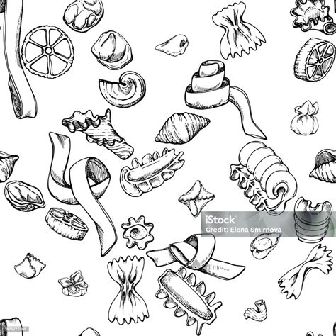 손으로 그린 벡터 잉크 그림입니다 다양한 종류의 파스타 이탈리아 요리 요리 모듬 펜네 라비올리 나선형 흰색에 고립 된 원활한 패턴 레스토랑 메뉴 식품 매장 패키지 전단지