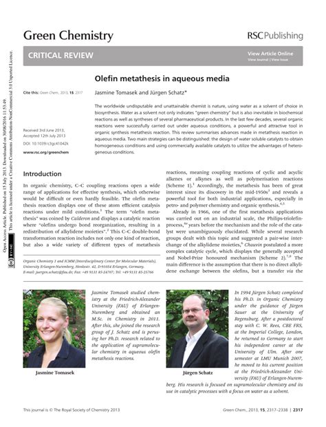 Pdf Olefin Metathesis In Aqueous Media
