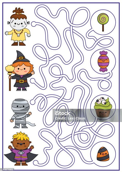 아이들을위한 할로윈 미로 귀여운 카와이 아이들과 과자와 함께 가을 휴가 유치원 인쇄 활동 귀여운 캐릭터와 무서운 미로 게임 의상 파티 워크 시트를 트릭하거나 대접하십시오