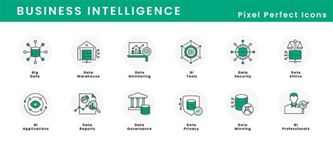 비즈니스 인텔리전스 아이콘 빅 데이터 데이터 웨어하우스 데이터 마이닝 데이터 윤리 데이터 거버넌스 등과 같은 비즈니스 인텔리전스를 위한 고품질 아이콘 집합입니다 비즈니스에