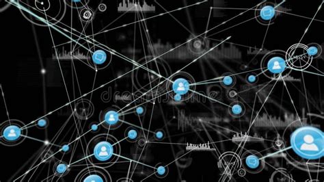 Animation Of Network Of Connections With Icons And Data Processing Over Black Background Stock