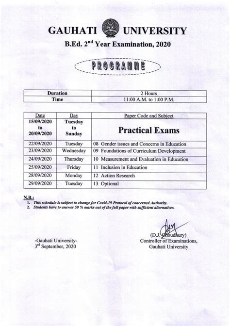 Gauhati University Bed Final Year Exam Programme 2020 Download Pdf