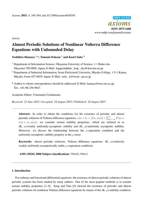 Pdf Almost Periodic Solutions Of Nonlinear Volterra Difference