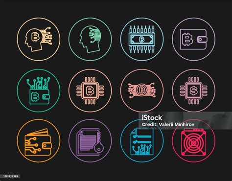 세트 라인 Asic 광부 달러와 프로세서 칩 암호 화폐 비트 코인 회로 Cpu 마이닝 농장 지갑 비트 코인 생각 디지털 보드 아이콘으로 뇌 벡터 0명에 대한 스톡 벡터 아트