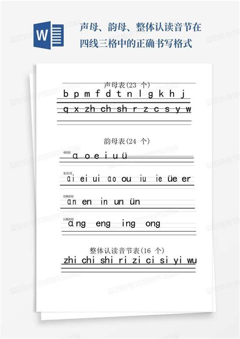 声母、韵母、整体认读音节在四线三格中的正确书写格式word模板下载 编号lxvonwpn 熊猫办公