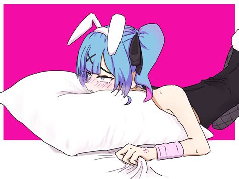 Rule 34 Blue Hair Blush Bunny Ears Bunnysuit Chirisazu Clenching Sheets Face In Pillow Hatsune