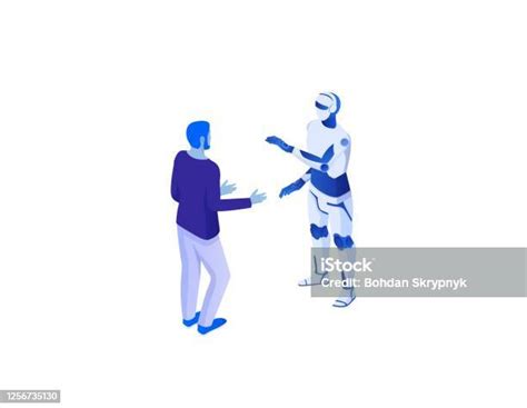 채팅 봇 이소메트릭 개념과의 웹 통신 인공 지능을 가진 온라인 대화 남자 Brand Name Online Messaging Platform에 대한 스톡 벡터 아트 및 기타