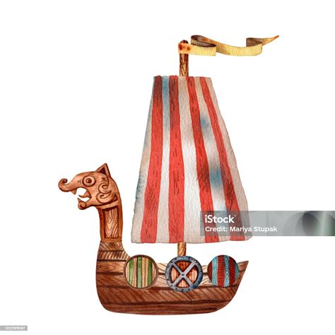 바이킹 드라크카르의 귀여운 일러스트 고대 스칸디나비아 보트 오래된 바다 수송 일러스트의 재미있는 만화 스타일 북쪽 긴 함 나무 군함 빨간색 줄무늬 플래그 나무 드라카르