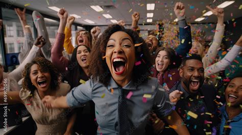 A Diverse Team Of Employees Celebrating A Resounding Success In Their