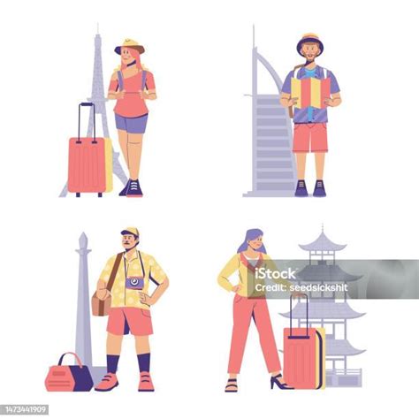 젊고 성인 여행 사람들 여자와 남자 캐릭터 패션과 랜드마크와 플랫 스타일 그림 가방에 대한 스톡 벡터 아트 및 기타 이미지 가방 공항 공항 터미널 Istock