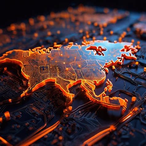 digital world map overlays a dark intricate circuit board symbolizing