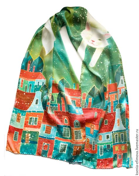 Снежный кот шелковый шарф с ручной росписью батик в интернет магазине на Ярмарке Мастеров