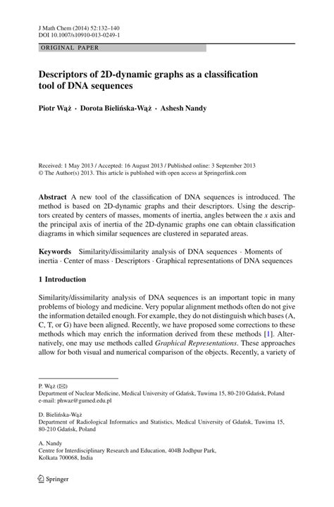 Pdf Descriptors Of 2d Dynamic Graphs As A Classification Tool Of Dna Sequences