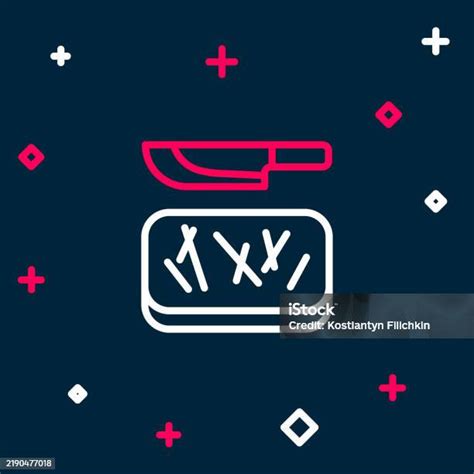선 도마와 칼 아이콘은 파란색 배경에 고립되어 있습니다 도마 기호입니다 칼 붙이 기호 다채로운 윤곽선 개념 벡터 널판지에 대한 스톡 벡터 아트 및 기타 이미지 Istock