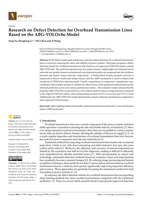 Pdf Research On Defect Detection For Overhead Transmission Lines Based On The Abg Yolov8n Model