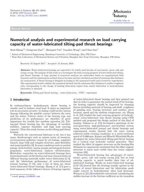 Pdf Numerical Analysis And Experimental Research On Load Carrying Capacity Of Water Lubricated