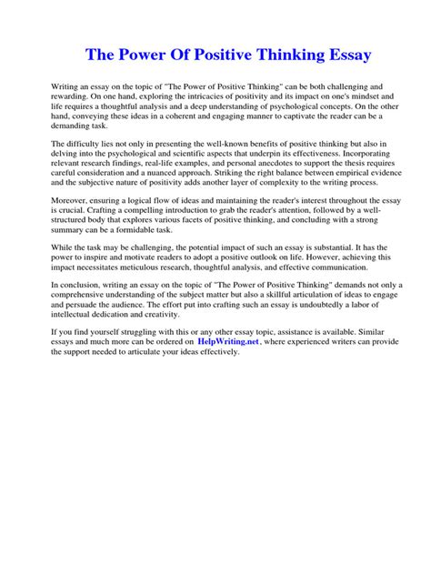 The Power Of Positive Thinking Essay Pdf Thought Parasitism