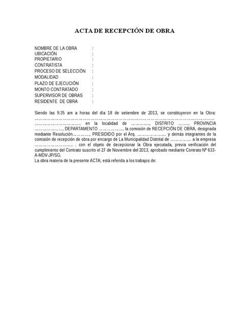 Acta De Recepcion De Obra Pdf Ingeniería De Edificación Materiales De Construcción